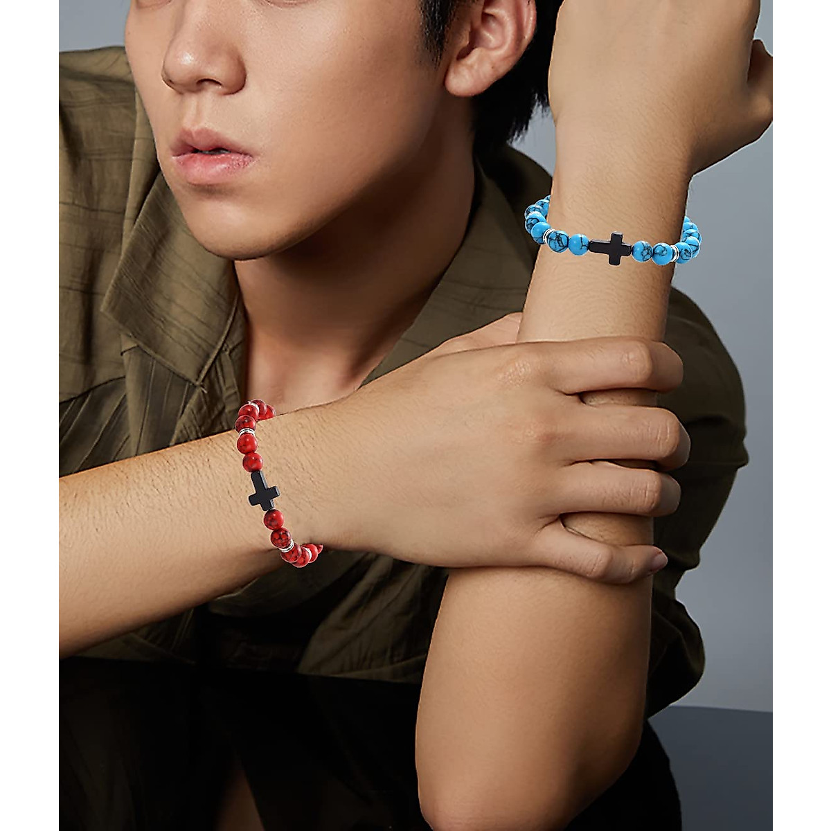 Svovin 12Pcs Fashion Religion Cross Men Women 8mm Natural Stone Lava Tiger Eye Stretch Anxiety Bracelets Unisex 7.5"