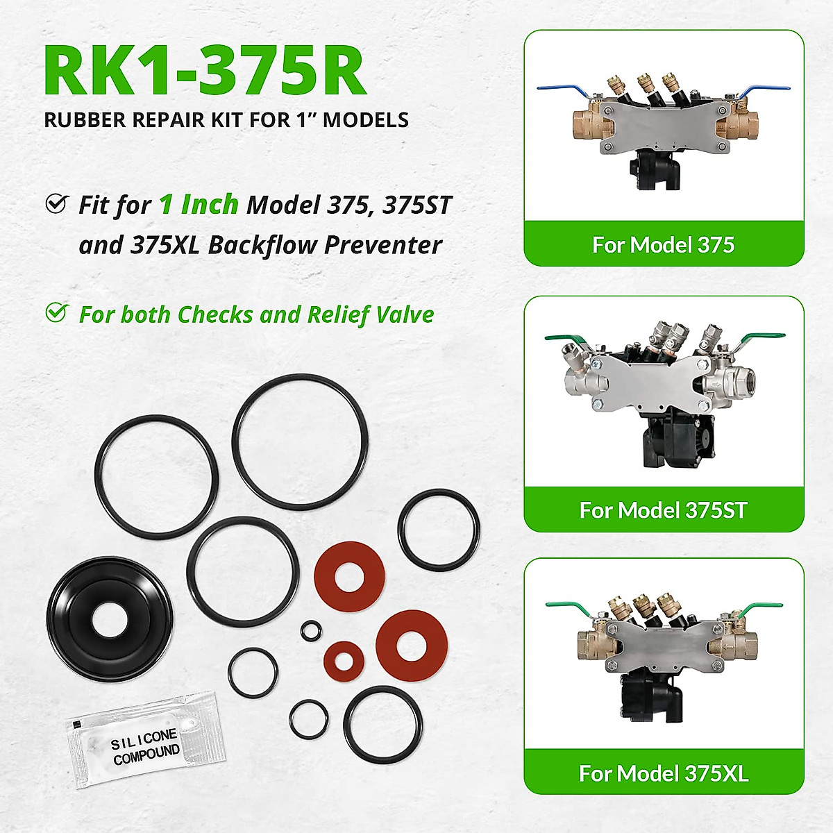 Replace for Wilkins RK1-375R Rubber Parts Repair Kit, Fit for 1" Model 375 375ST 375XL, Including Lubricant