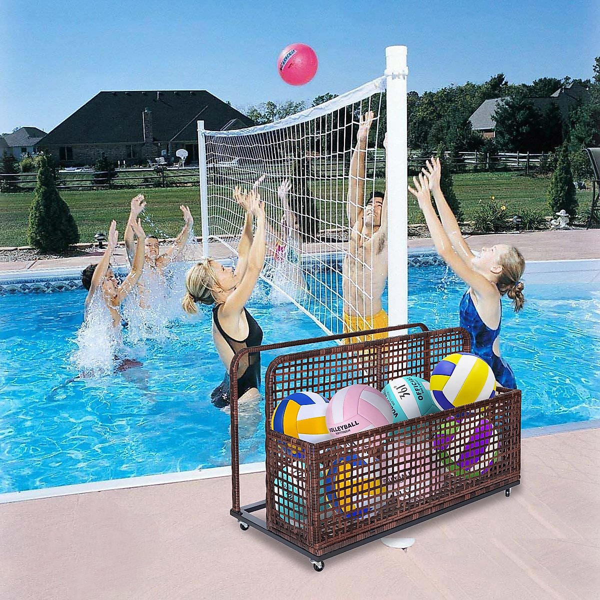 Flarhetoric Pool Float Storage PE Rattan Poolside Float Storage with Wheels & Side Shelves, Elevated Design for Dryness, for Patios, Gardens and Balconies, Grey