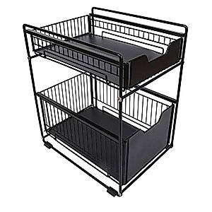 TristonSong Stackable 2-Tie Under Sink Cabinets Organizer with Sliding Storage Drawer, Pull Out Cabinets Organizer Shelf, Sliding Kitchen Countertop Storage Basket-Black Large