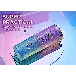 Onebttl Sweet 16 Gifts for Girls, Her, Daughter- Sweet Sixteen - 20oz/590ml Stainless Steel Insulated Glitter Tumbler with Straw, Lid, Message Card - (Purple-Blue Gradient)