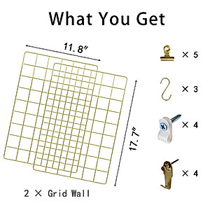 FRIADE Wall Grid Panel for Photo Display,Wall Storage Organizer,5 Metal Clips & 3 S Hooks & 4 Nails & 4 Plastic Hanging Buckles and 4 Screws Offered,Size 17.5" x 11.8",2 Pack(Gold)