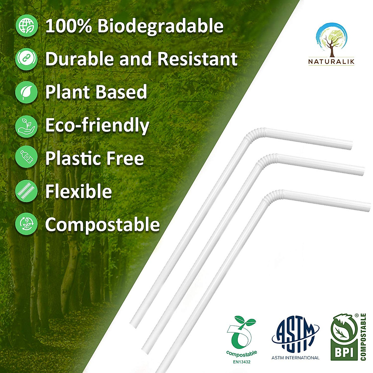 Naturalik 250 Pack Biodegradable Plant Based Straws- 9" Long Straws- 100% Compostable- Flexible Straws Eco-Friendly- Plastic Free Drinking Straws- Bendy Straws for Smoothies, Party Decorations (PLA)