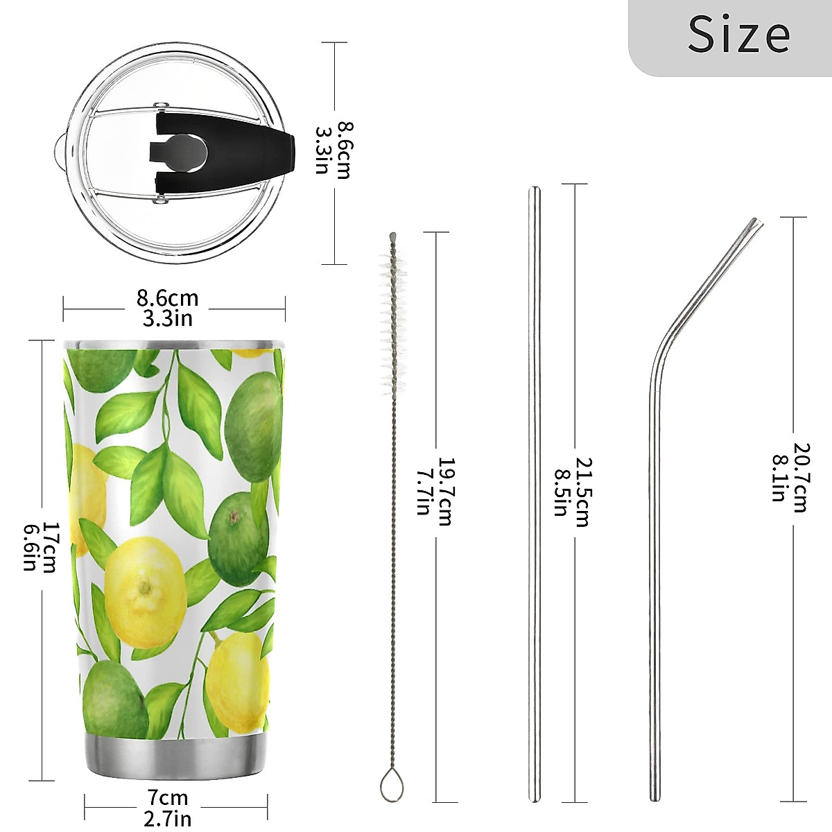 Yasala Tumbler Lemon Lime Watercolor Insulated Office Coffee Cup Back to School Beverage Container Travel Mug with Straw and Lid Double Wall Stainless Steel 20oz