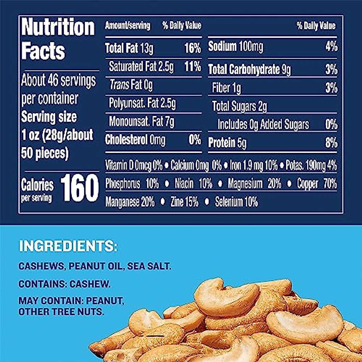 PLANTERS Salted Cashew Halves & Pieces, Party Snacks, Plant-Based Protein, 2 Lb 14 Oz Canister