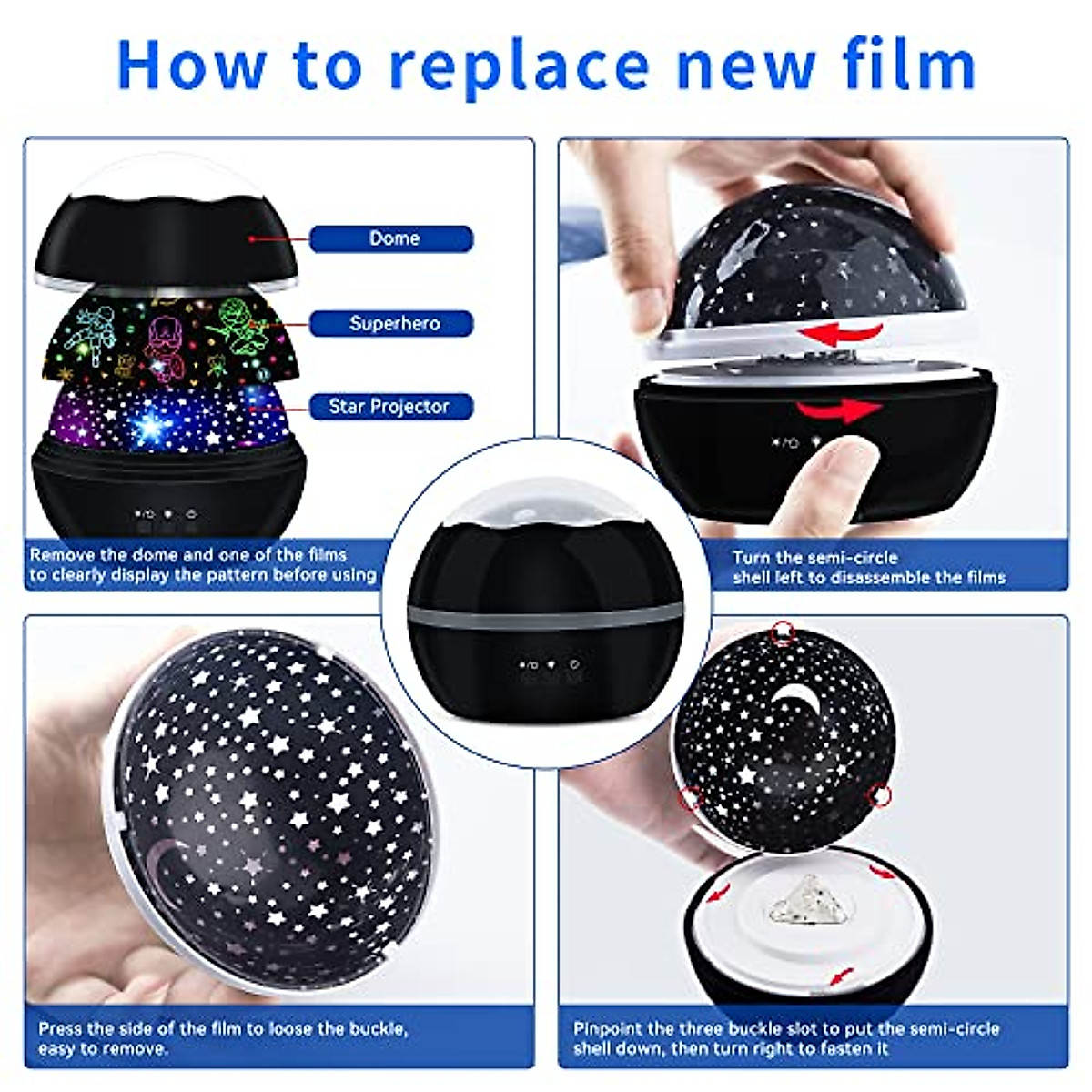 Night Light Projector for Kids Superhero Toys for Boys, 360 Degree Rotation Baby Night Lights with Super Hero Figures and Star Theme, Birthday Party Festival Decor(Black)