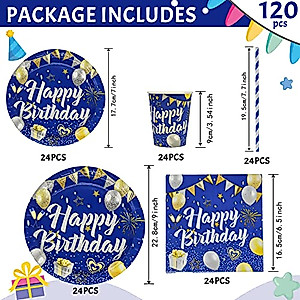 VYTSYD Blue Birthday Party Decorations Packs, 120 Pcs Blue and Gold Foil Dots Happy Birthday Party Supplies for Men Boys | Navy Blue Plates and Napkins Cups Straws Cutlery Set, Serve 24