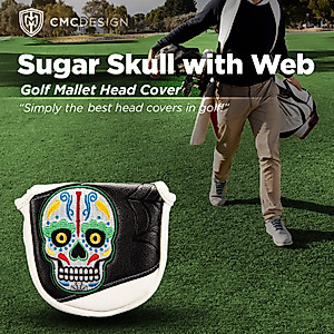 CMC Design Golf Mallet Head Cover - Custom Sugar Skull with Web Embroidered Golf Driver - Premium Faux Leather, Beautiful Design Elements & Soft Protective Lining – Great Fit for Any Mallet & Golfer