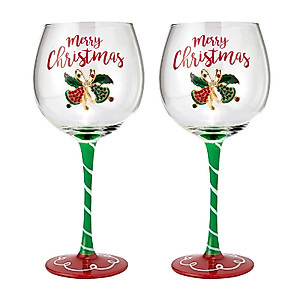 Crystal Christmas Bells Diamond Set of 2 Xmas Wine Wine & Water Glasses - Winterberry Glass Red Ribbon Holly Leaf & Berries Harmony Shining Red Green Yellow Silver, Perfect For Holiday Parties