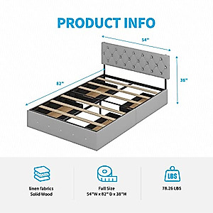 Mjkone Full Size Bed Frame, Upholstered Platform Bed Frame with 4 Built-in Storage Drawers & Adjustable Headboard, Button Tufted Design, No Box Spring Needed- Light Grey