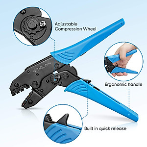 TICONN Crimping Tool for Heat Shrink Connectors - Ratcheting Wire Crimper - Crimping Pliers - Ratchet Terminal Crimper - Wire Crimp Tool (30C, Blue)