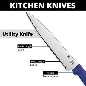 Spyderco Lightweight Kitchen Utility Knife with 6.5" MBS-26 Stainless Steel Blade and Blue Polypropylene Plastic Handle - SpyderEdge - K04SBL