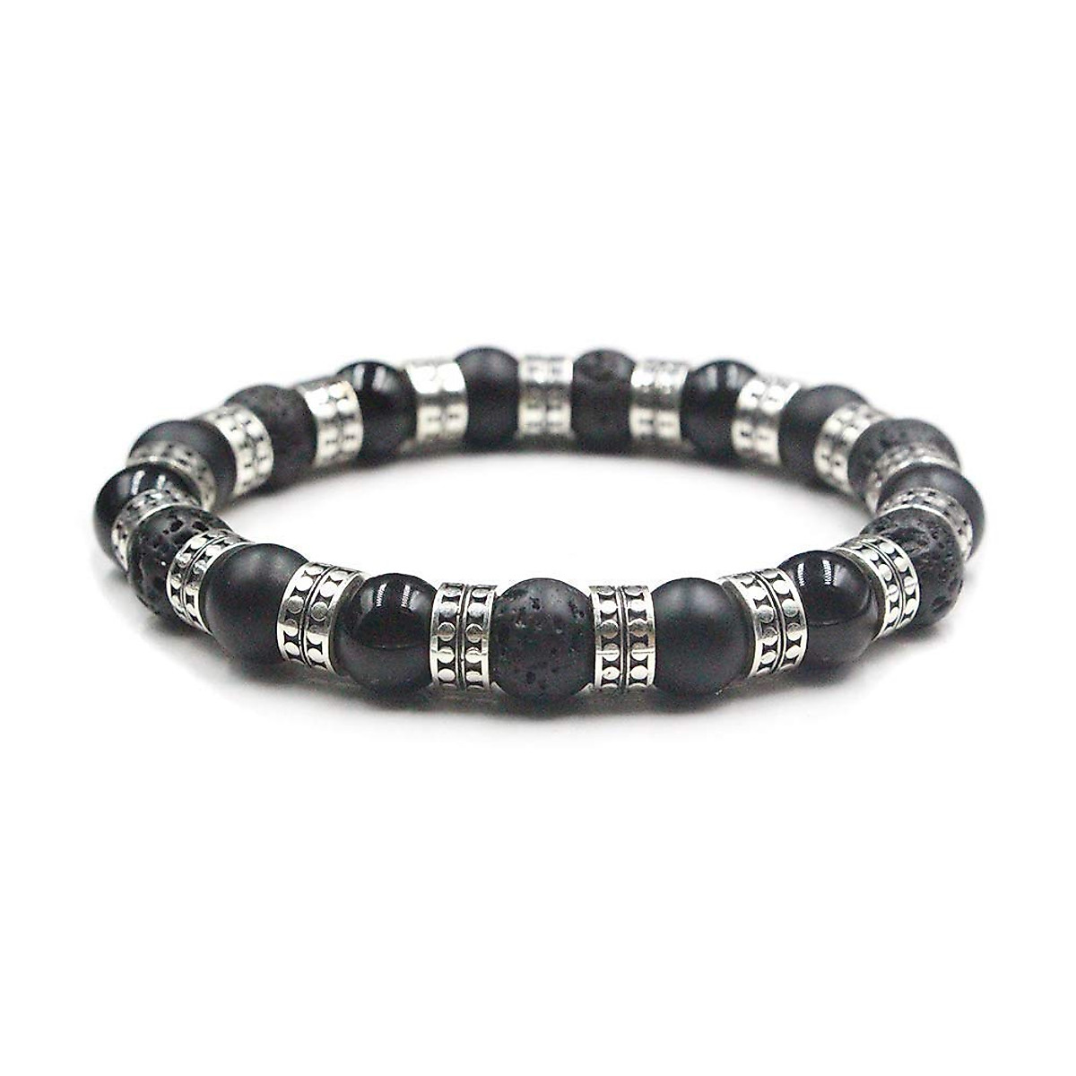 Mixed Black Stone and Sterling Silver Bracelet, Lava Stone, Matte Black, Polished Onyx, Bracelet for Men, Quality Beaded Jewelry
