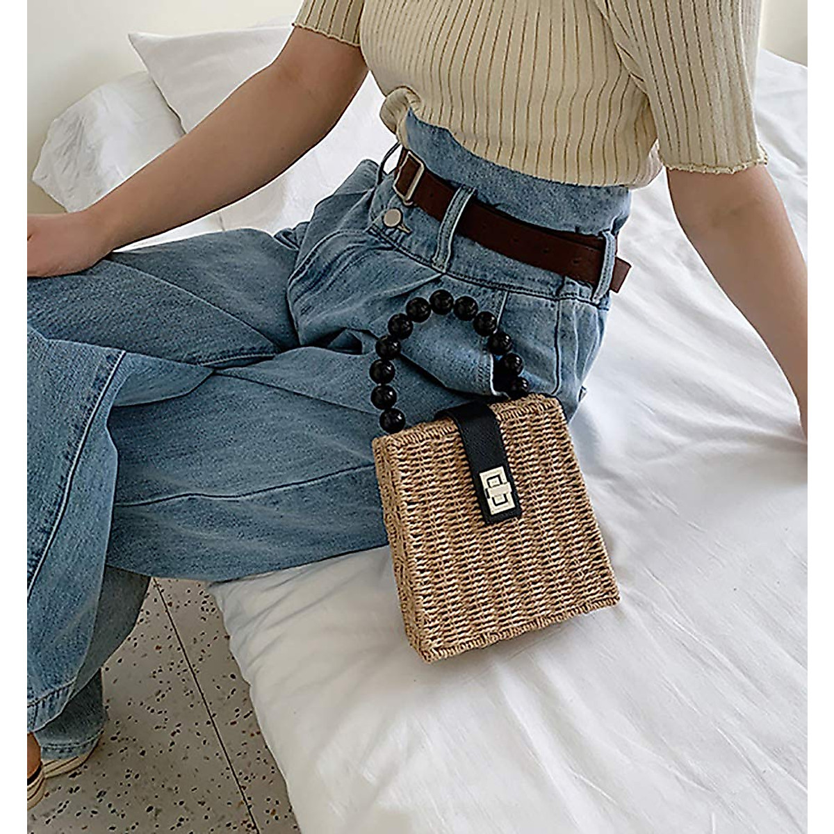 QZUnique Straw Bucket Bags for Women Top Handle Drawstring Woven Handbag Shoulder Bag Summer Beach Purses with Bamboo Handle