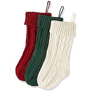Bellivera Christmas Stockings 3 Pack Large Size Cable Knitted Xmas Stockings 18 inch Personalized Heart Red & White & Green Hanging Stockings Set for Christmas Decorations