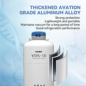 NANBEI 10L Liquid Nitrogen Tank Cryogenic Container Aluminum Alloy Liquid Nitrogen Dewar Static Cryogenic，Liquid nitrogen dewar with Straps,for Beauty Industry, Semen Preservation, Scientific