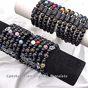 Yomlry 2Pcs Zodiac Bracelet 8MM Beaded Evil Eye Bracelet Spiritual Healing Crystal Bracelet for Women Men 12 Constellation Bracelet Zodiac Sign Horoscope Gift Hamsa Protection Couple Bracelet Set,