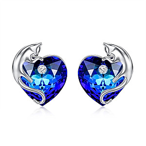 Cat Earrings Sterling Silver Cute Cat Studs Earrings with Ocean Blue Heart Crystals from Austria, Cat Jewelry Gifts for Women Cat Lover