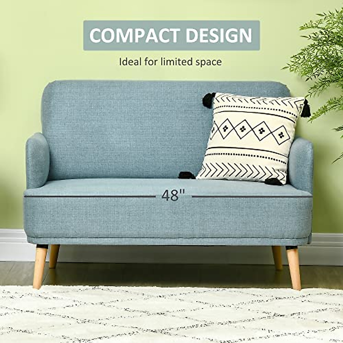 HOMCOM 48" Loveseat Sofa for Bedroom, Modern Love Seats Furniture, Upholstered Small Couch for Small Spaces, Blue