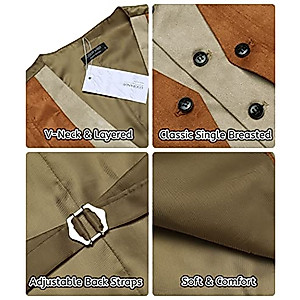 COOFANDY Men's Suede Leather Vest Layered Style Dress Vest Waistcoat, Rust, XX-Large
