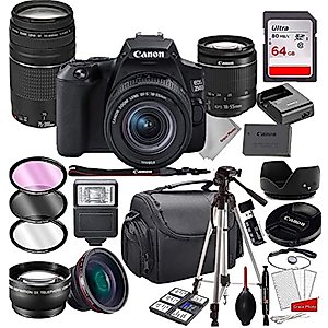 Canon EOS 250D (Rebel SL3) DSLR Camera with 18-55mm f/3.5-5.6 III Zoom Lens & 75-300mm III Lens Bundle + 64GB Memory, Case, Tripod, Filters and More
