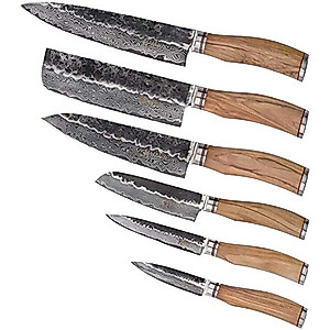 Wakoli Damascus Nakiri knife 6.9-inch blade extremely sharp from 67 layers genuine Japanese Damascus steel with a black hammer and olive wood handle, Olive HS Series