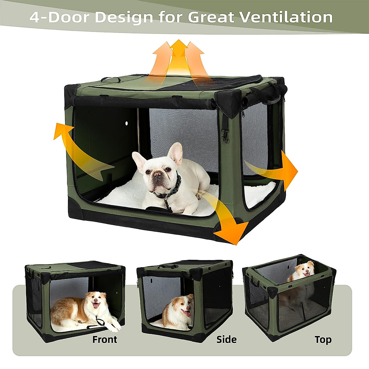 Pettycare 36 Inch Stainless Steel Collapsible Dog Crates for Large Dogs, 4-Door Soft Sided Kennel for Travel, Portable Foldable Pet Crate with Durable Mesh Windows, Indoor & Outdoor, Olive Green