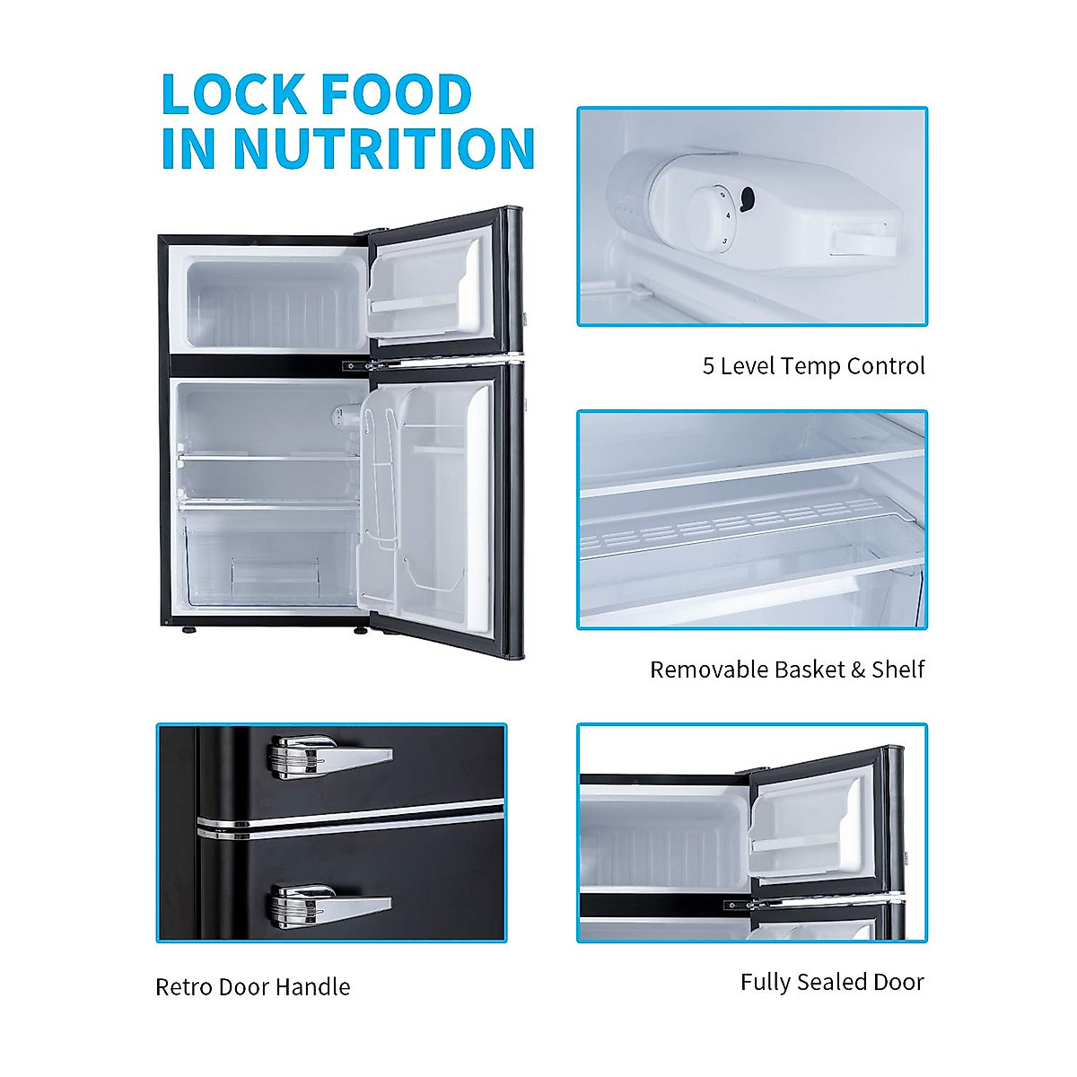 KUPPET Retro Mini Refrigerator 2-Door Compact Refrigerator for Dorm, Garage, Camper, Basement or Office, 3.2 Cu.Ft (Black)