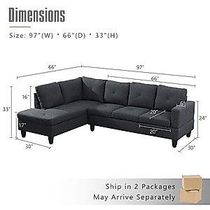 LostCat 97" W Sectional Couches for Living Room, Flannel Modular Sectional Sofa Set for Living Room Couch, L Shape Couch for Living Room Furniture Sets, Black Grey