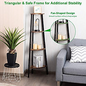 Tangkula Industrial Corner Shelf, 4-Tier Ladder Bookshelf, Metal Frame Storage Rack, Bookcase, Plant Stand, Multipurpose Accent Furniture for Home Office, Display Corner Shelf (Rustic Brown)