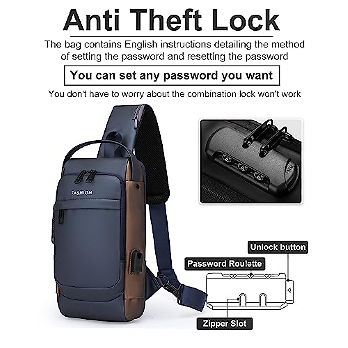 Geanbun Anti-Theft Sling Bag USB Shoulder Bag Crossbody Backpack Waterproof Chest Daypack Lightweight (Blue)