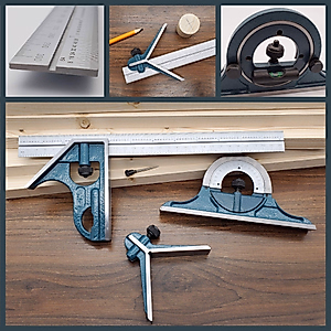 Combination Square Set with Protractor, Woodworking Square, Carpenter Square, 12’’ Bevel Ruler, 180 Degree Angle Finder, Ideal for Woodworking, Metalworking, Cabinets and Joinery, Steel, Iron, Case