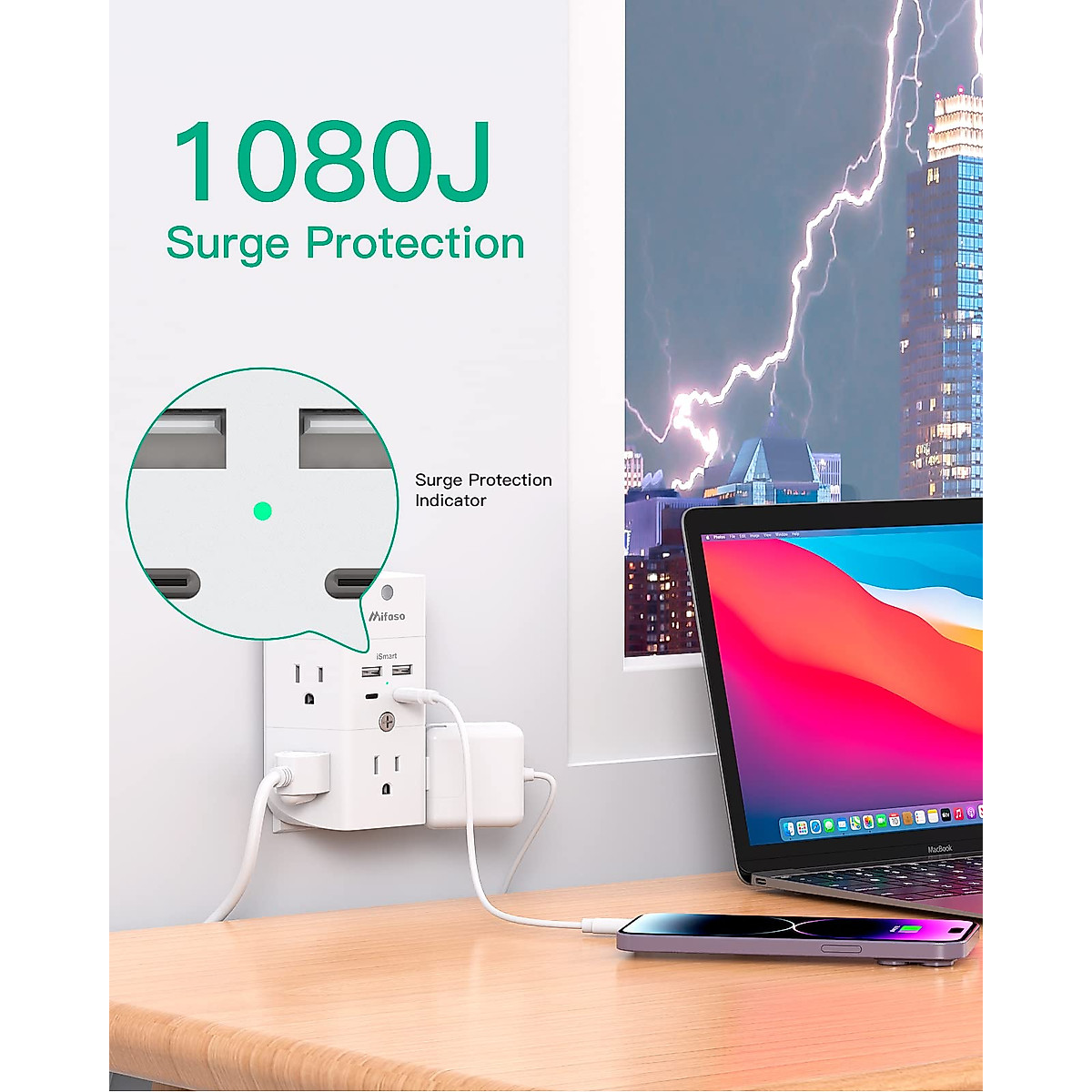 Outlet Extender with Night Light, 5-Outlet Surge Protector with 3 USB Charging Ports, 1800J Power Strip Multi Plug Outlets Wall Adapter Expander with Spaced Outlets for Home, School, Office