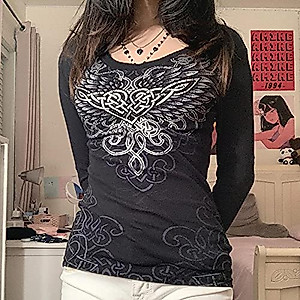 Women Vintage Floral Print Crop Top Long Sleeve Y2k Tshirt Slim Fit Blouse Tee 90s E-Girl Streetwear（B Wings ，S）