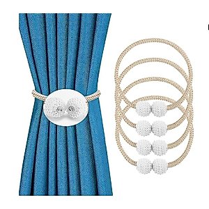 4 Pack Magnetic Curtain Tiebacks Pearl Ball Home Window Curtain tiebacks The Most Convenien Tie Backs, Weave Clips Rope Straps Holder for Big,Wide or Thick Drapries (Beige)