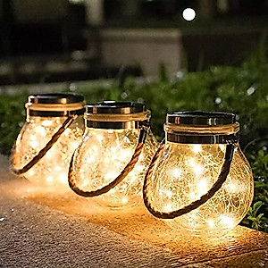 EternityFuture Garden Decoration Waterproof Solar Lantern, Value Pack of 2, Glass Bottle Jar, 30 LED Warm Lights, Unique Crack Pattern Ball Hanging Light