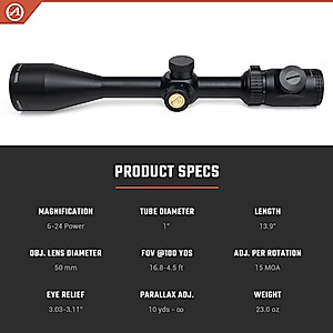 Athlon Optics , Talos , Riflescope , 6-24 x 50 Second Focal Plane (SFP) 1" Tube, Illuminated ATMR1 MIL Reticle, Black