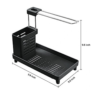 Kitchen Sink Caddy Sponge Holder with Drain Tray, Removable Sink Organizer for Dish Brush,Plastic & Stainless Steel Dish Rag Soap Holder, Non-Slip Dish Brush Holder Storage for Kitchen Counter
