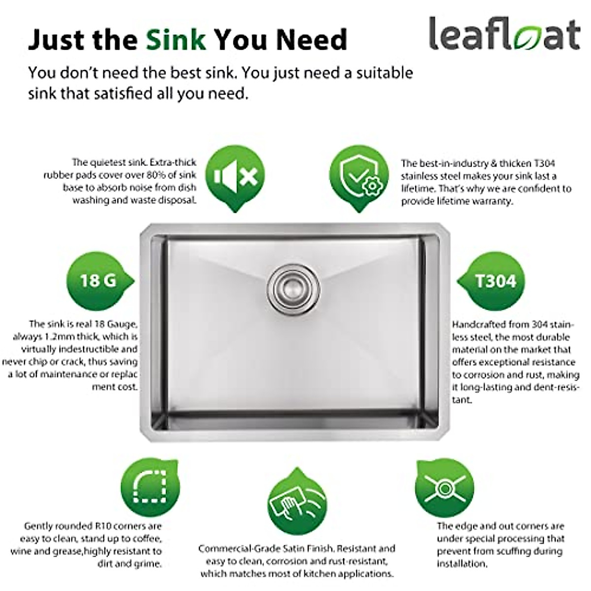 leafloat 25-inch Undermount Kitchen Sink, 25"x18"x10", Single Bowl, 18 Gauge T304 Stainless Steel, Satin Finish, with Strainer & Bottom Grid, cUPC listed