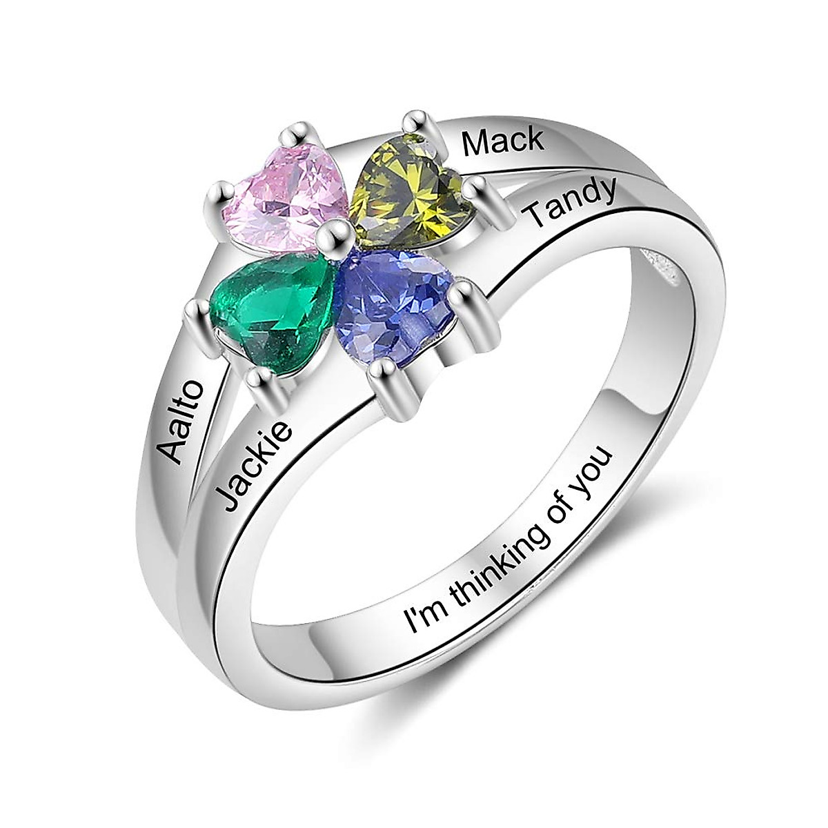 Personalized Mothers Ring with 4 Heart Simulated Birthstones and 4 Names Customized Family Rings for Women Promise Rings for Her (Size 8)