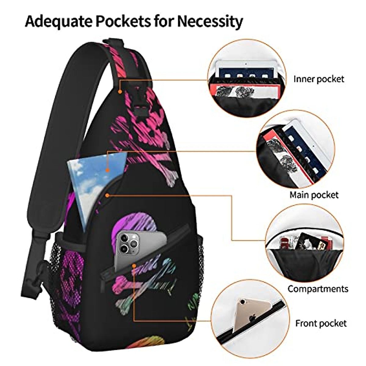Grafffery Colorful Skull Crossbody Sling Backpack For Men Women,Shoulder Chest Daypack Bag For Travel Hiking