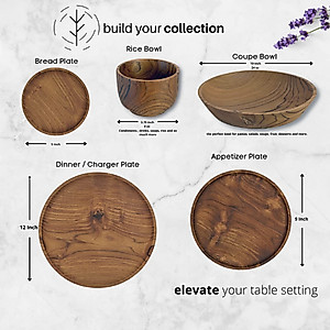 YUNIFF Wooden Plates, Teak Wood Dinner Plates, Round Serving Tray Or Serving Dishes All Natural Charger Plates Table Decor, Set Of 4, 12 Inch Wood Plates, Housewarming