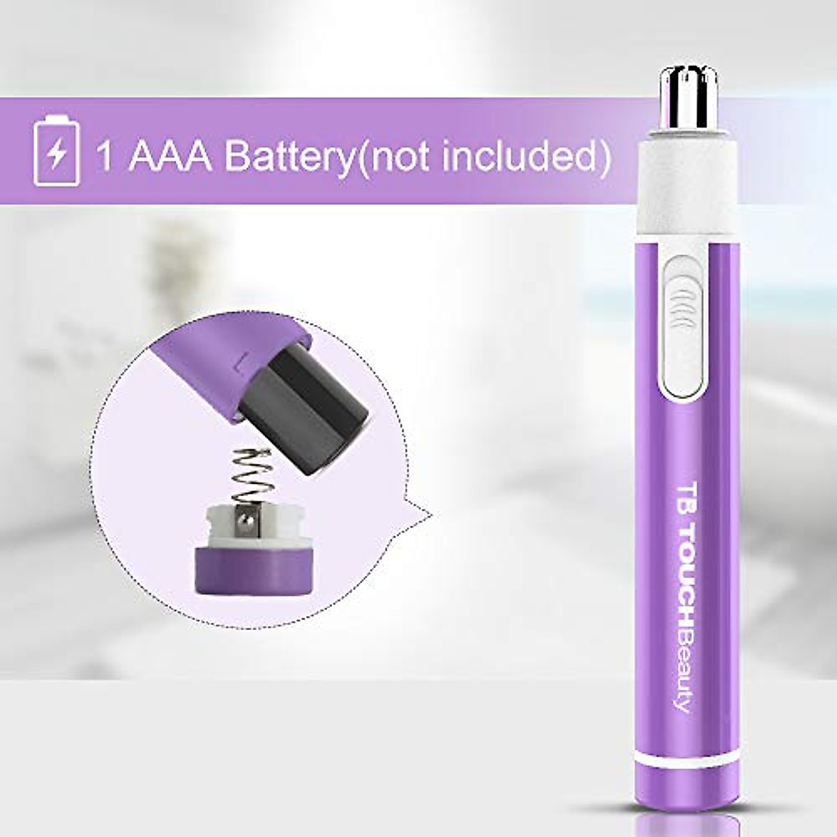 TOUCHBeauty Ear Nose Hair Trimmer for Women |Metal Cover, Safe Cutter System, Mini Pen-Sized, Battery Powered Violet Color 0656