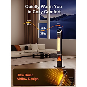 Uthfy Space Heater Indoor, 38" Electric Room Heater with Flame, 24H Timer, Portable Tower Heater with Remote, Thermostat, 3 Modes, Tip-over and Overheat Protection, for Bedroom Office Large Room Use