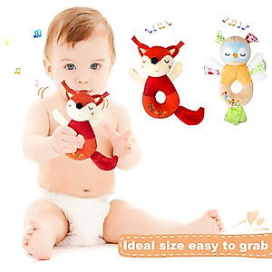 Funsland Baby Rattles Toys Soft Plush Hand Rattles Hand Grip Toys Stuffed Animal Rattles Shaker for 3 6 9 12 Months Infants Newborn 2 Pack