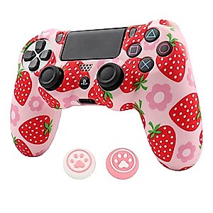 RALAN Pink Controller Skins for PS4, Fruit Silicone Controller Cover Skin Protector Compatible /PS4 Slim/PS4 Pro Controller with 2 Cute Thumb Grips Caps