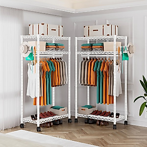 PUNION Heavy Duty Rolling Garment Rack,Portable Clothes Rack for Hanging Clothes,Clothing Rack,Wardrobe Storage Rack with 3 Shelves,1 Hang Rod,1 Side Hook,36" Lx18 Wx71 H, Max Load 500LBS, White,GR1