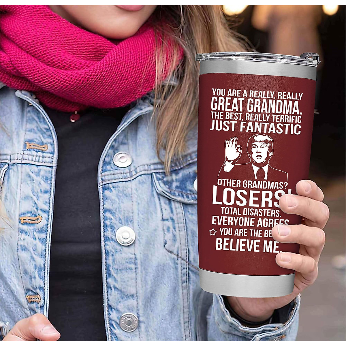 BETHEGIFT Mothers Day Gifts for Grandma from Grandaughter, Grandson, Kids - Great Grandma Coffee Tumbler on Birthday, Christmas, Durable Stainless Steel, Insulated for Hot or Cold Drinks 20oz, Red