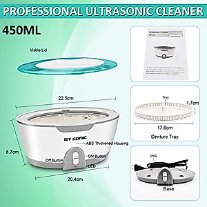 Ultrasonic Cleaner,450ml Ultrasonic Dental Cleaner with Special Denture Tray&Handle,40kHz Ultrasonic Jewelry Cleaner with 5min Auto Shut-Off for Denture Jewelry Necklaces Rings Glasses Watches