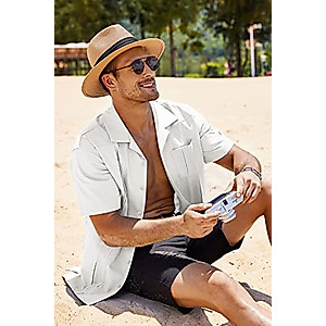 COOFANDY Men's Short Sleeve Button Down Shirts Linen Casual Shirts for Summer Beach Vacation Wear White